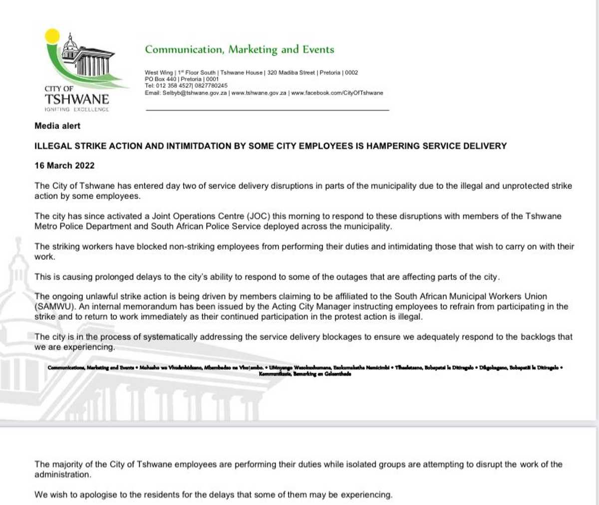 Service delivery affected by illegal strike action and intimidation ...